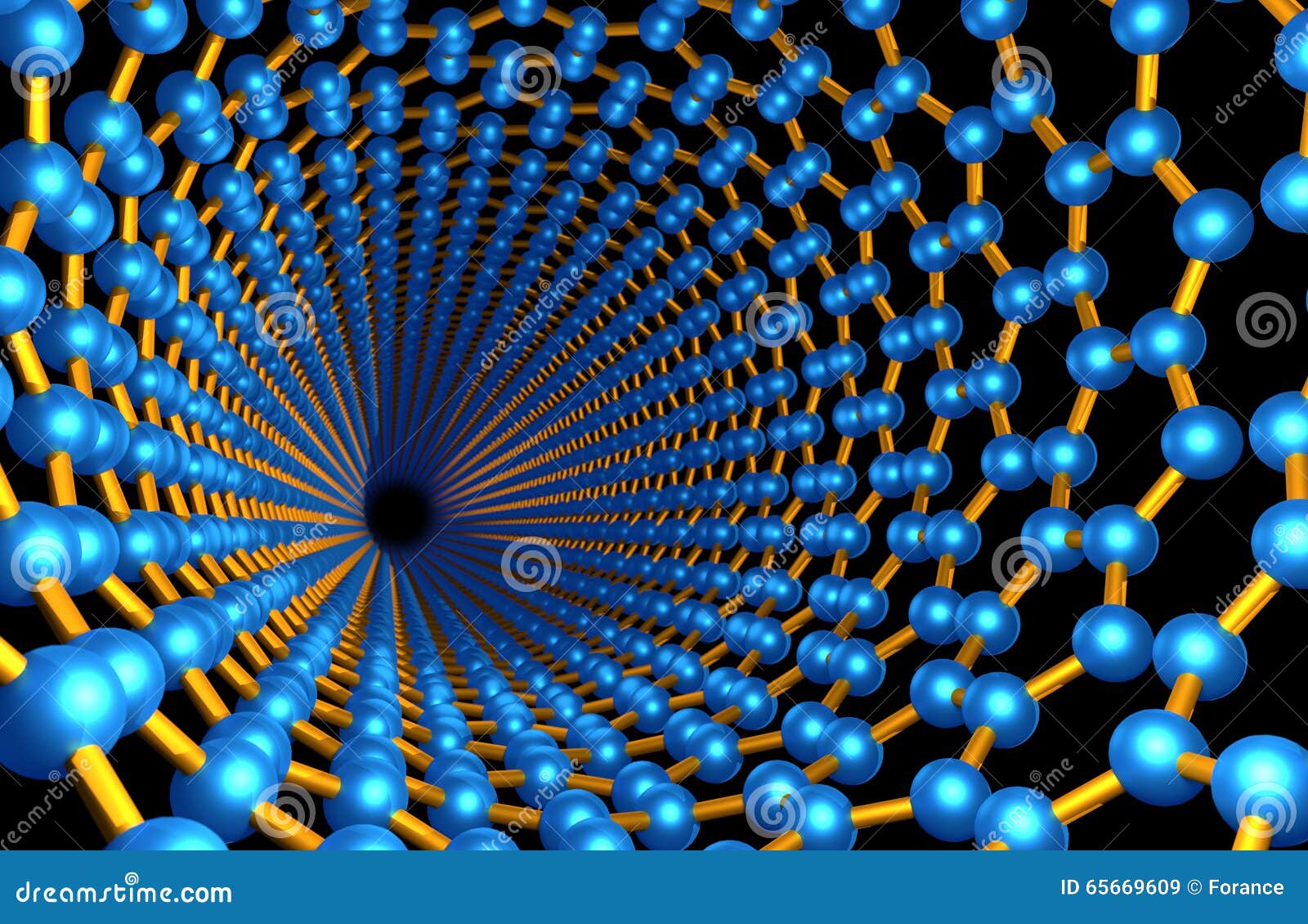 View through Carbon Nanotube, Blue Atoms and Orange Bonds Stock Image ...
