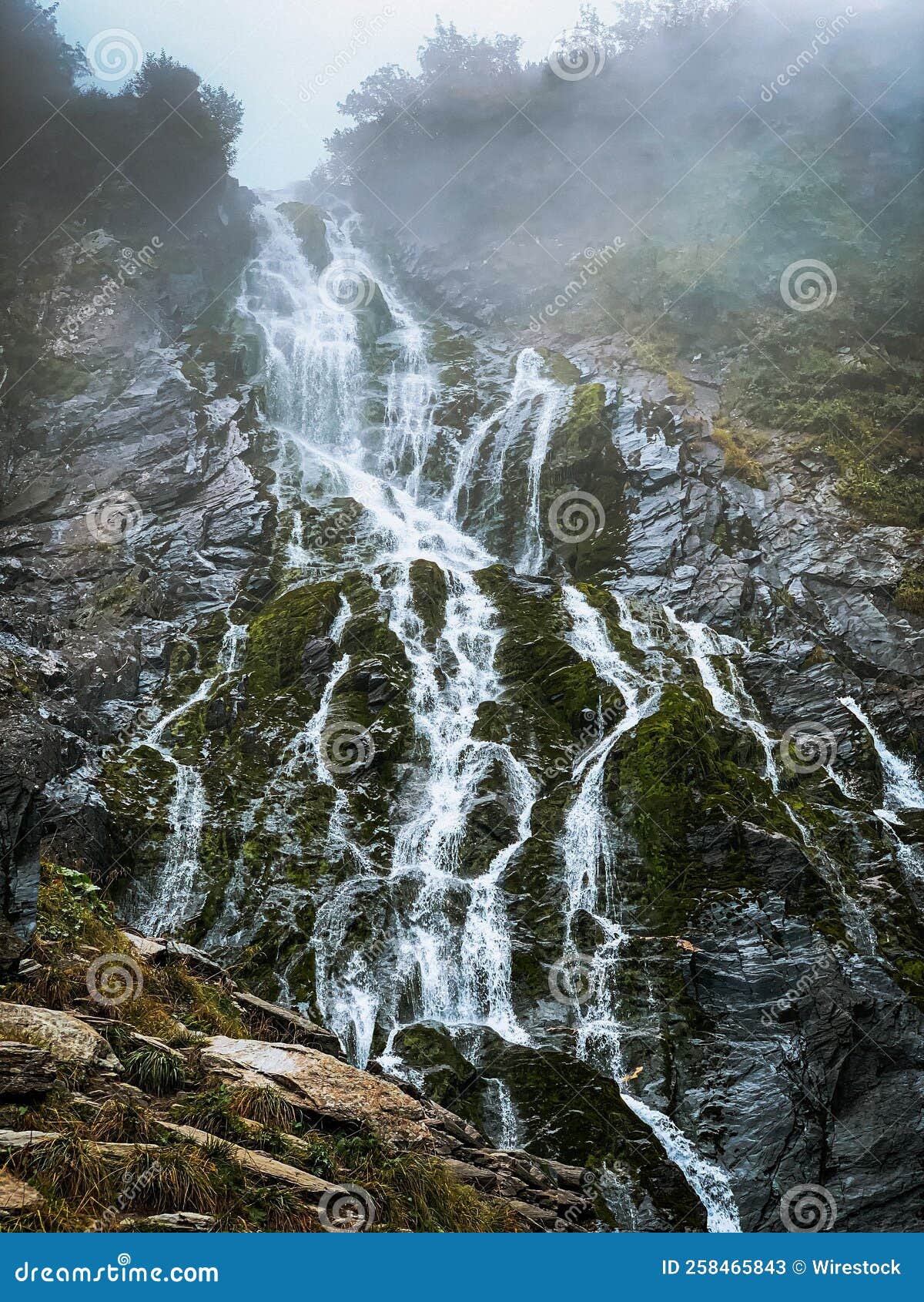 View of Cascade Rocky Waterfall on a Foggy Day Stock Image - Image of ...