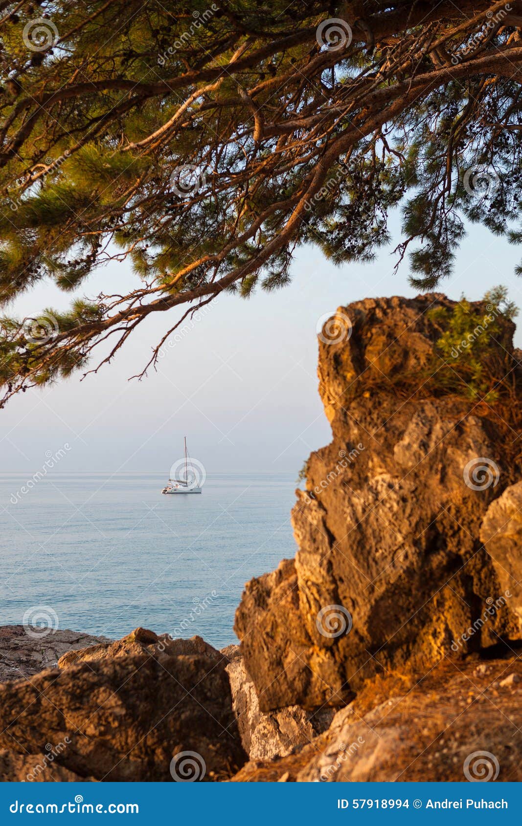 View Catamaran Sailing on the Sea through the Rocks Stock Photo - Image ...