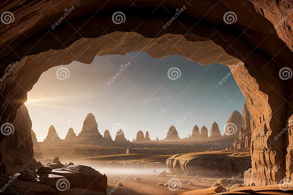 View from the Cave To the Desert Landscape on the Martian Surface. Mars ...