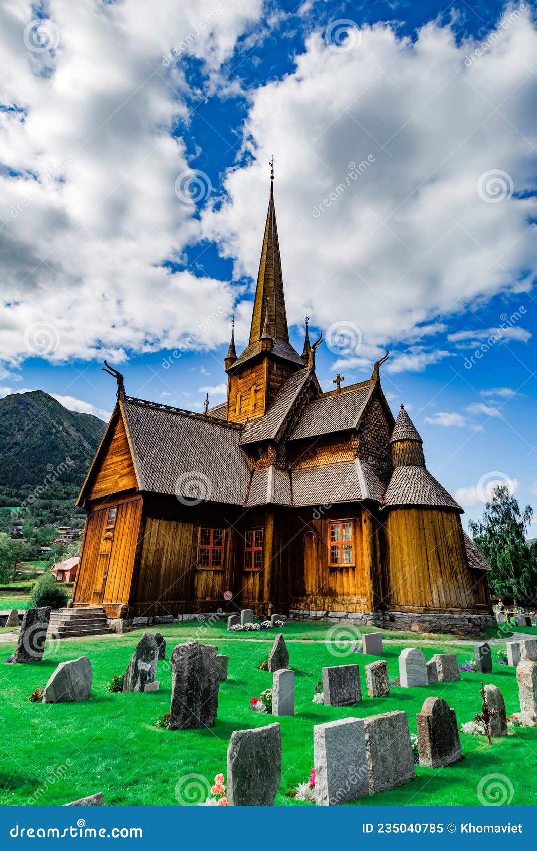 View on the Cemetery, Medieval Stave Church in Lom, Mountains Against ... View on the Cemetery, Medieval Stave Church in Lom, Mountains Against ...