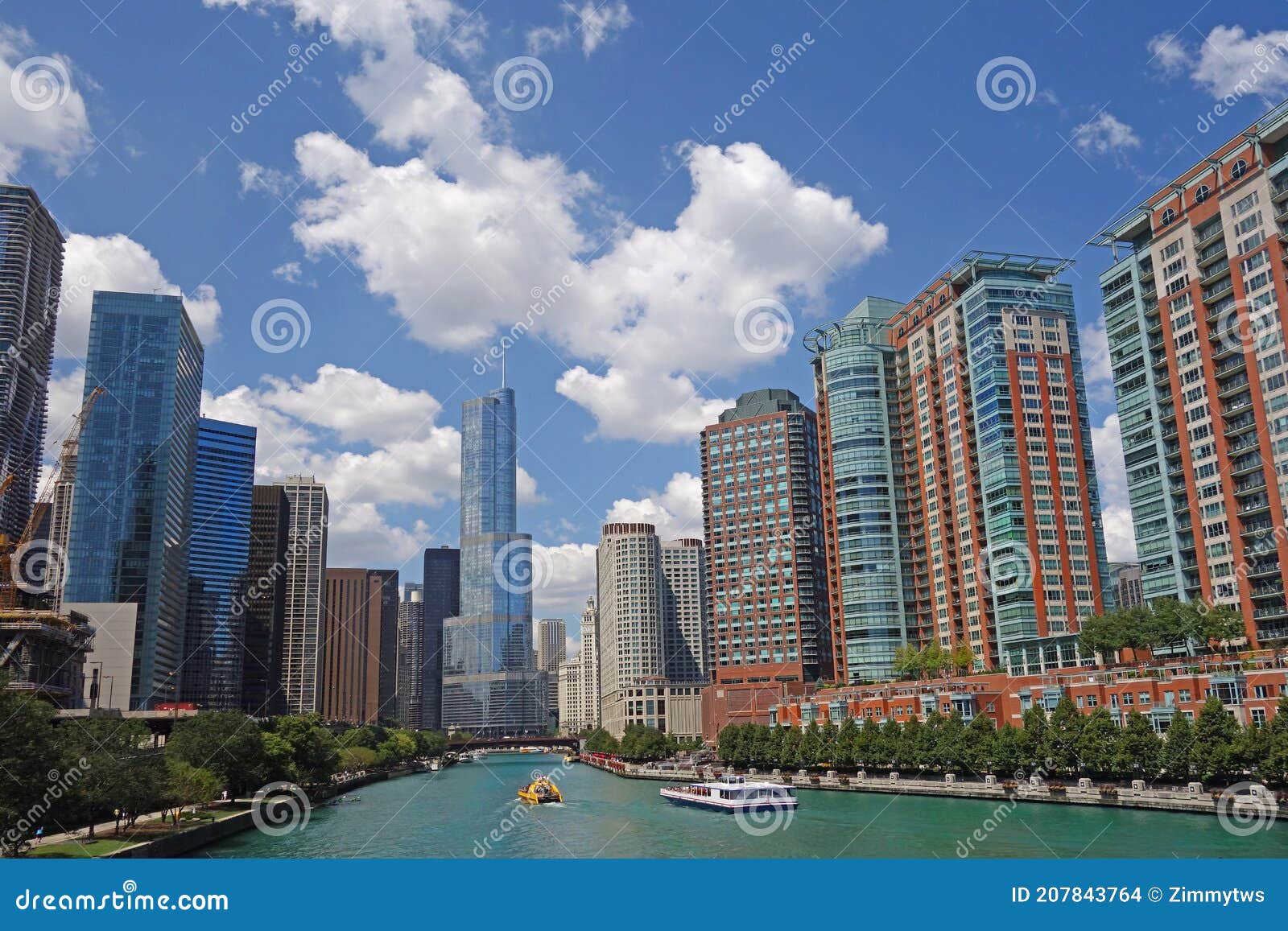 View of the Chicago Skyline with Tour Boats on the Chicago River Stock ...