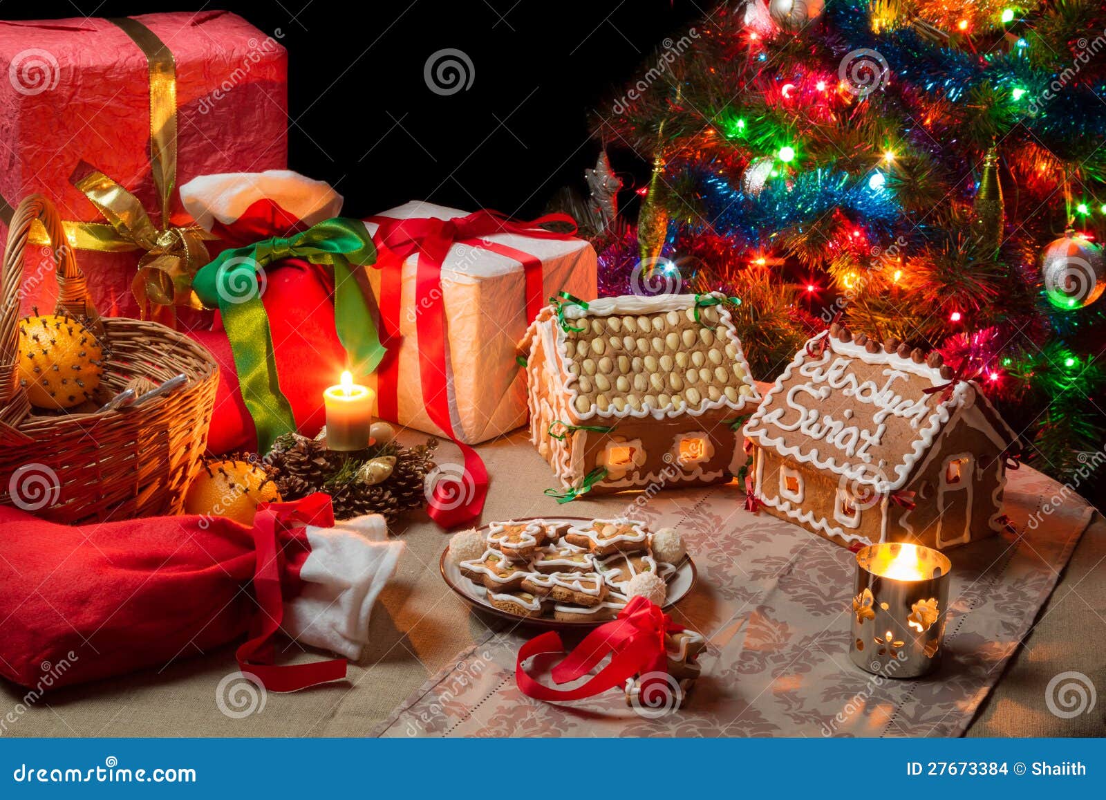 View of the Christmas Table with Presents Stock Photo - Image of baked ...