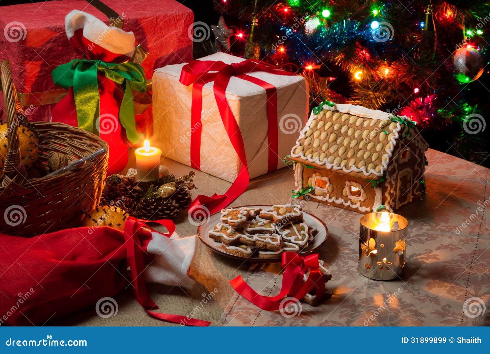 View of the Christmas Table with Presents Stock Image - Image of ...