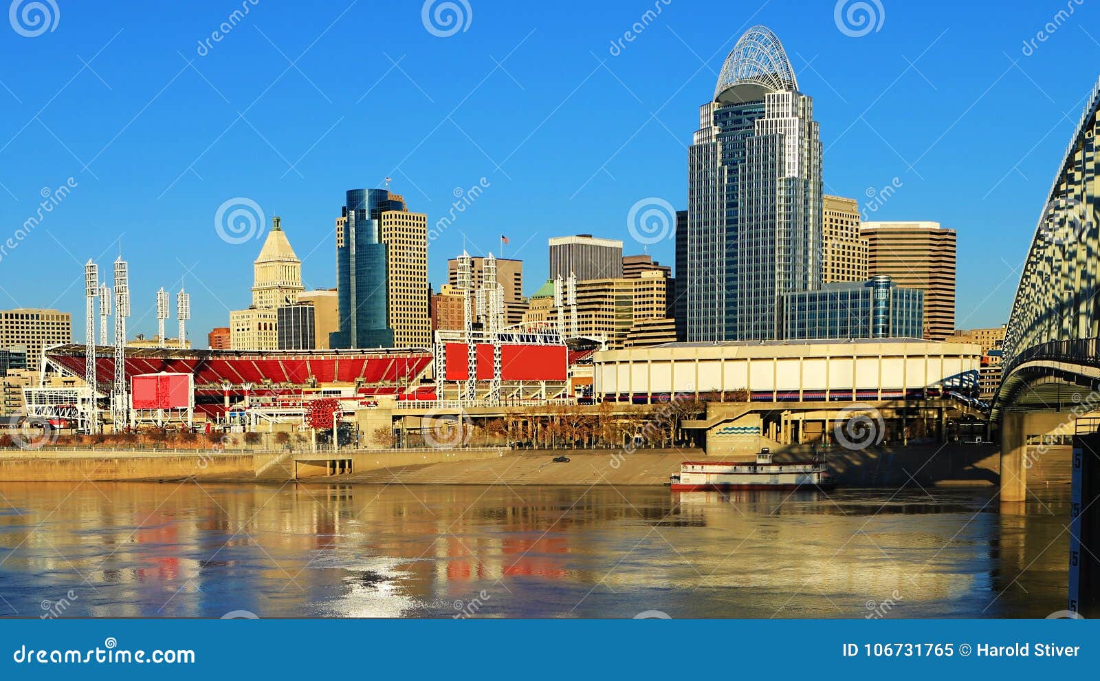 View Cincinnati Skyline with Ohio River Stock Image - Image of bridge ...