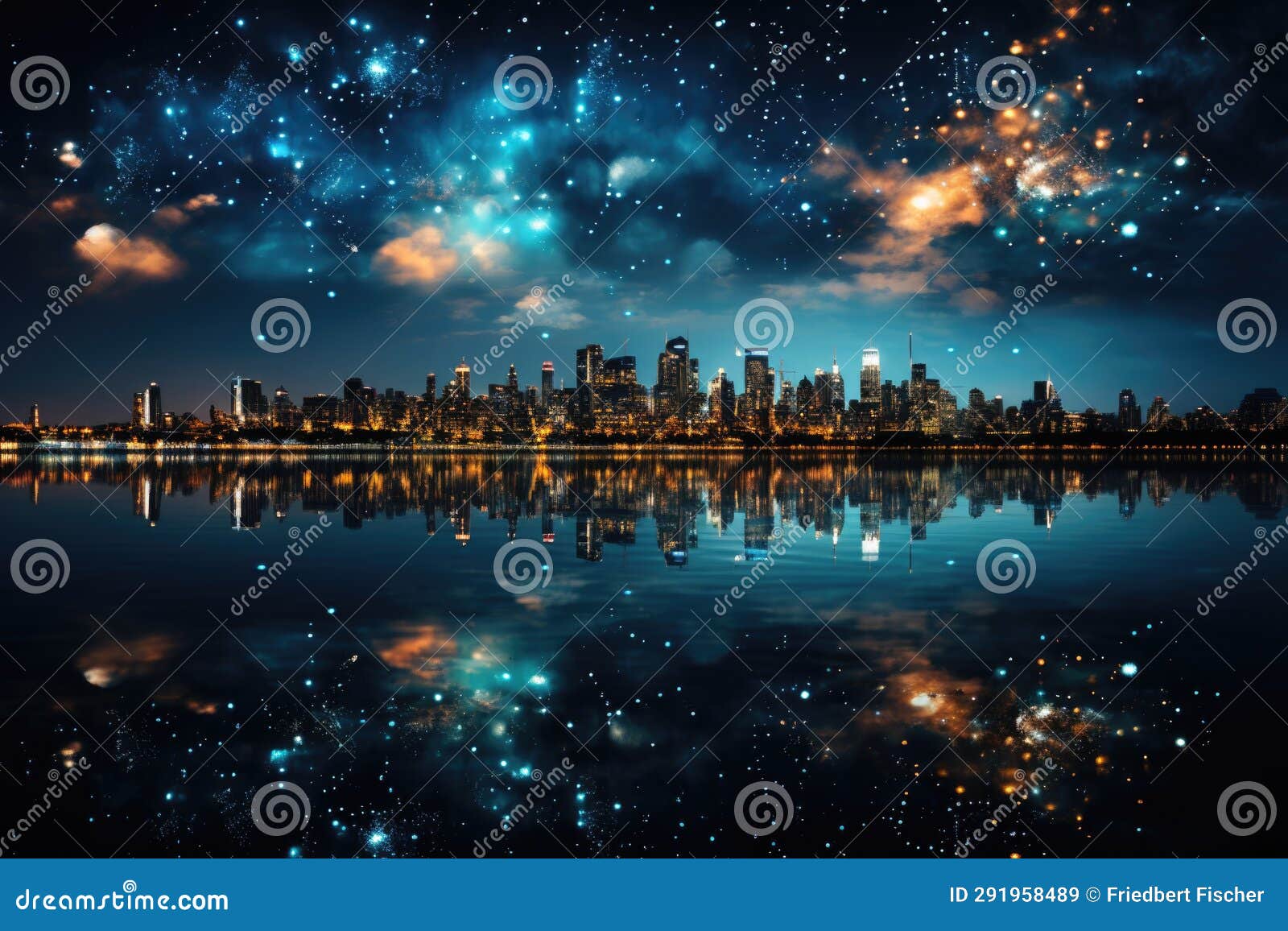 A View of a City at Night with Stars in the Sky. Stock Image - Image of ...