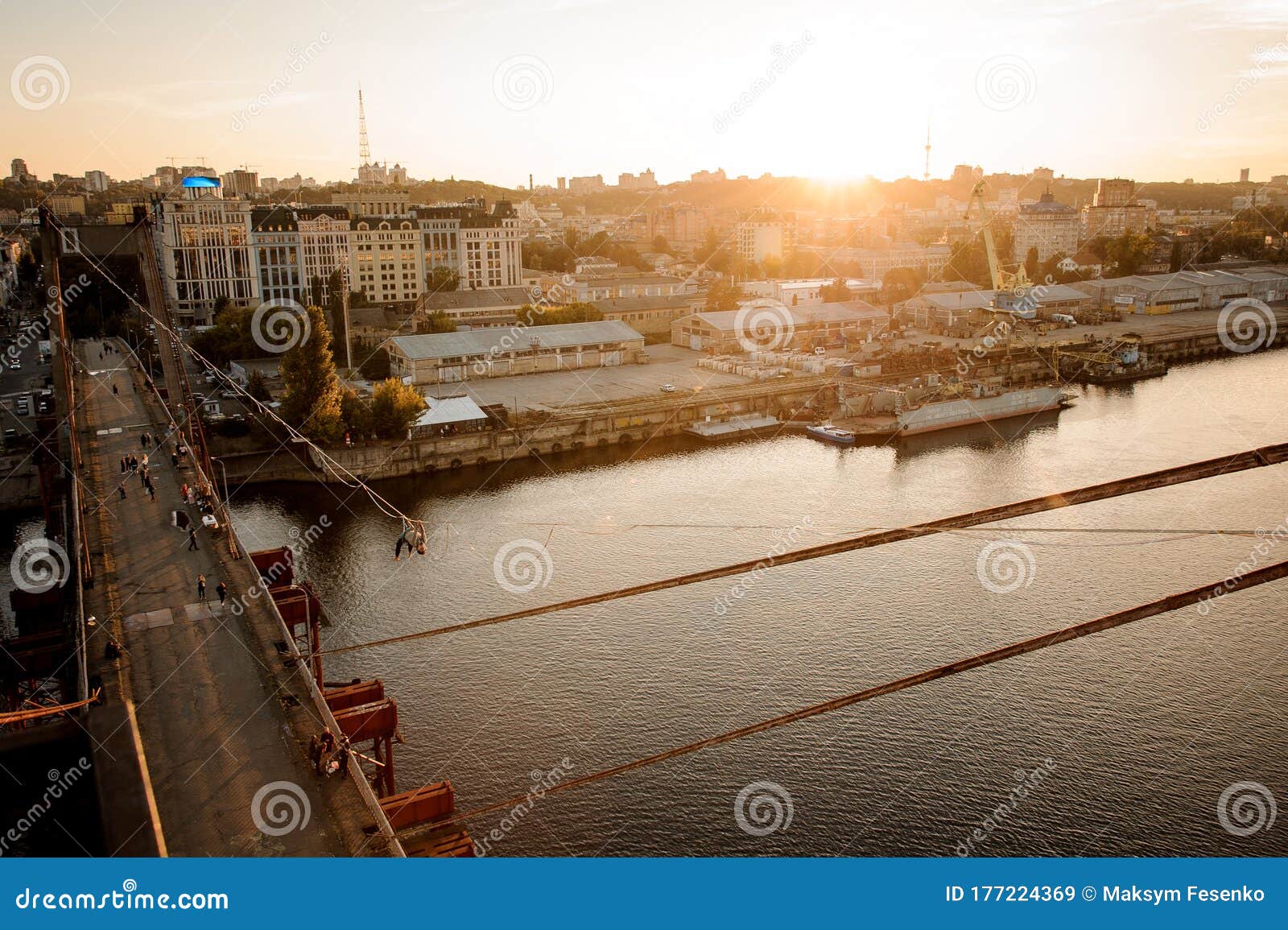 View of City, River and Bridge on Which Pulled Sling for Highline ...