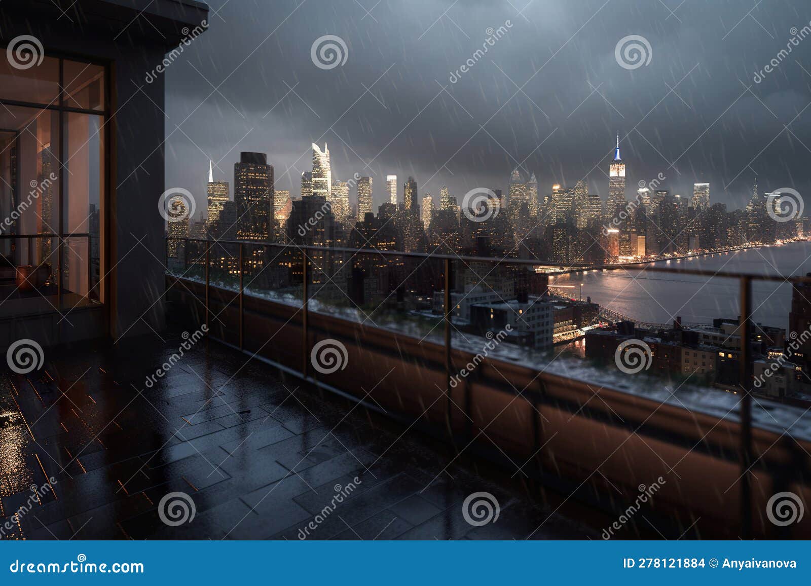 A View of a City from a Rooftop in the Rain. Generative AI Image. Stock ...
