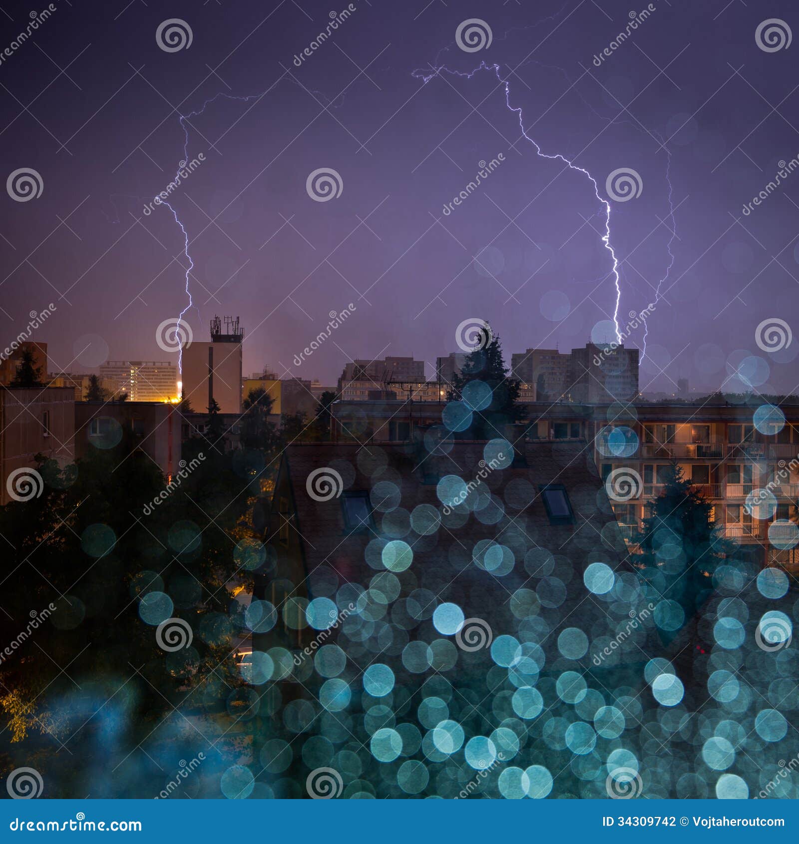 View of City Storm through Wet Window with Blurred Rain Drops Stock ...