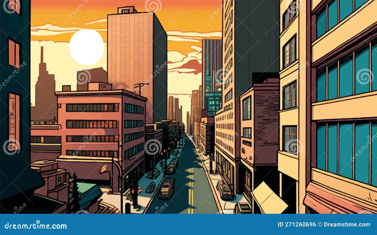 View of the City in the Style of Comics. Evening Sunset. Vector Illustration Stock Photo - Image ...