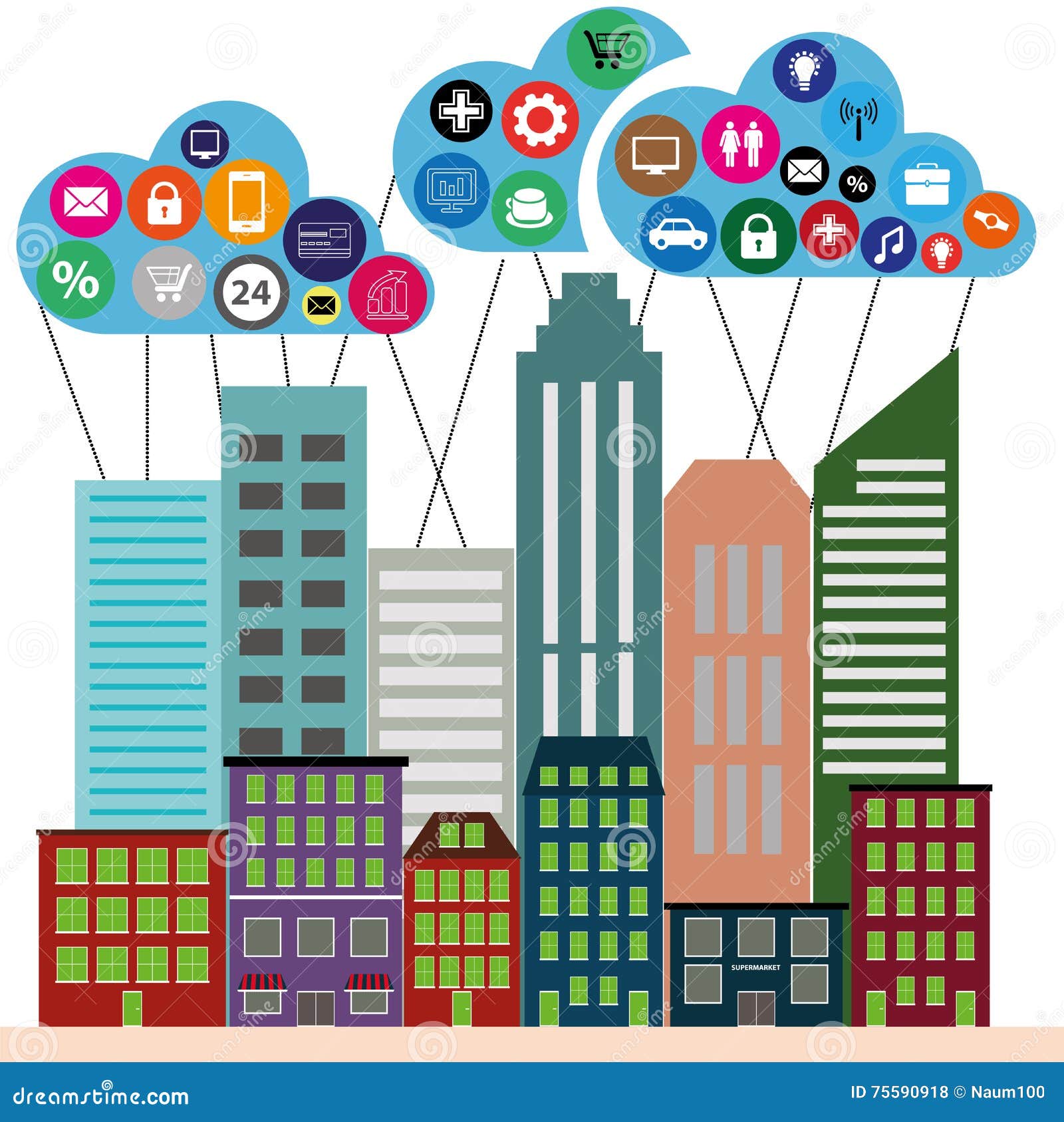 View of the City in Style Flat with Cloud App Icons Stock Vector ...
