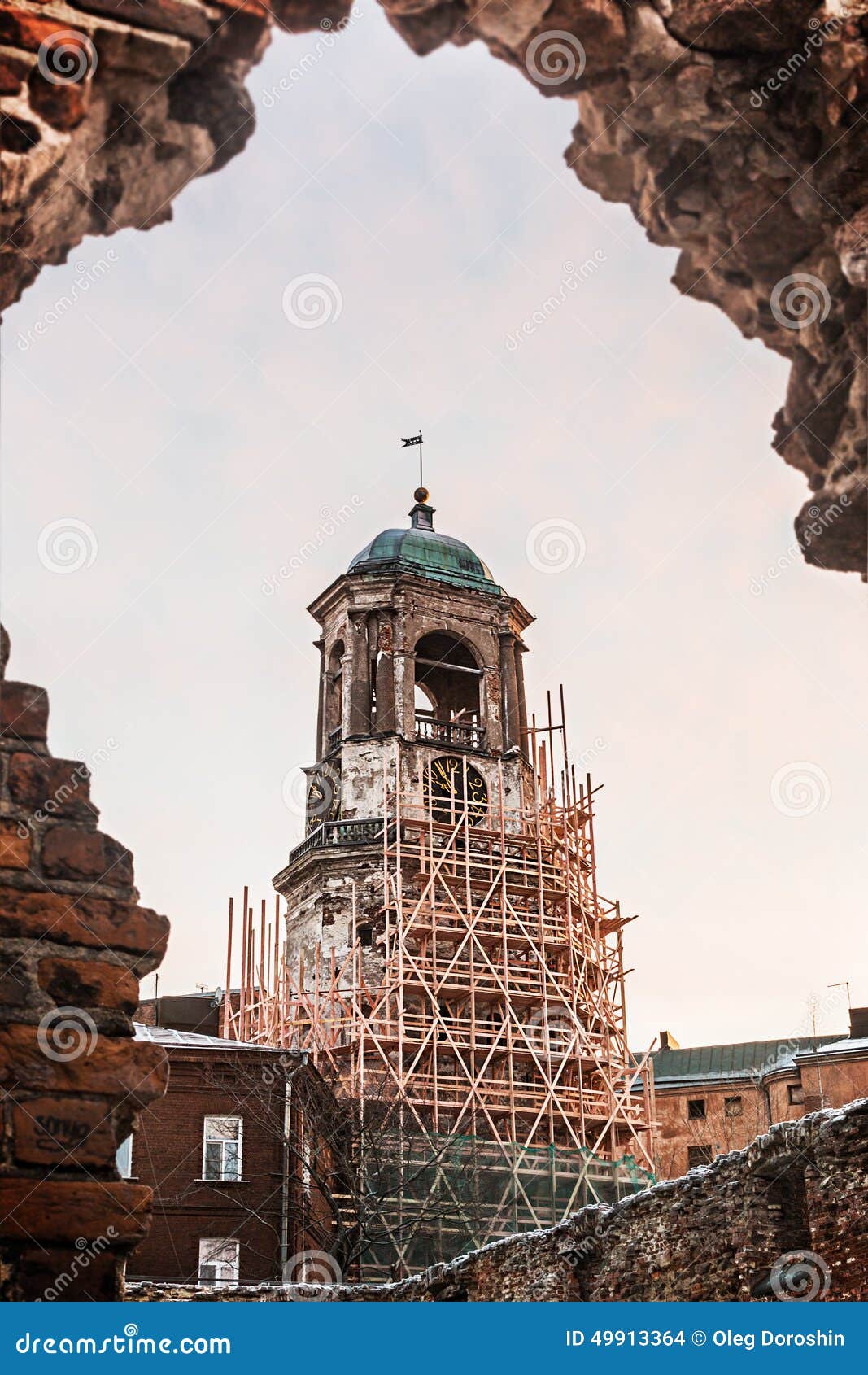 View at the Clock Tower from a Window of Destroyed Church Stock Photo ...