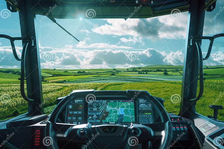 View from the Cockpit of a High-tech Tractor Navigating a Green Field ...