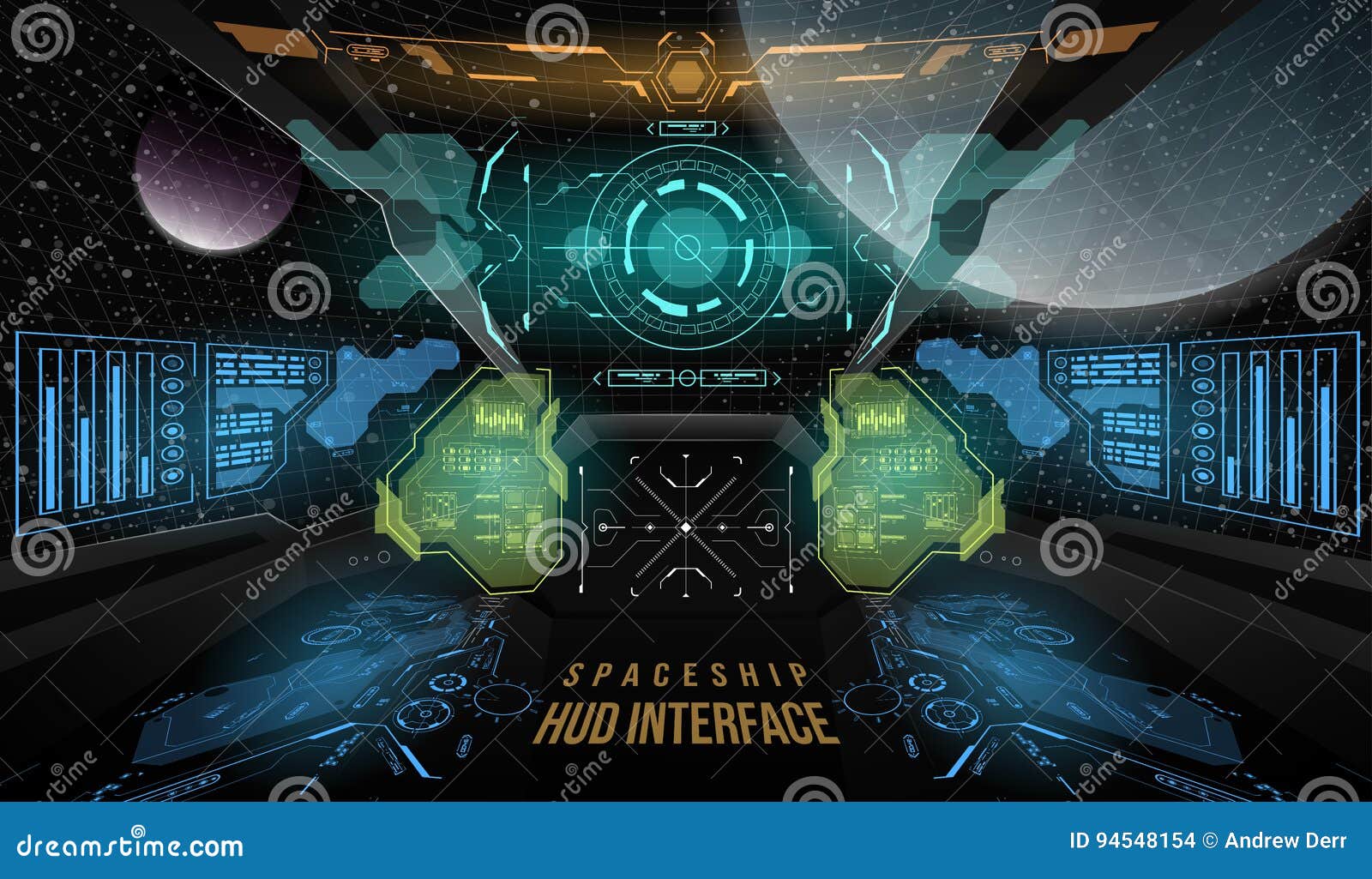 RED VR Cockpit With HUD Interface And Virtual Cyberspace. Virtual ...