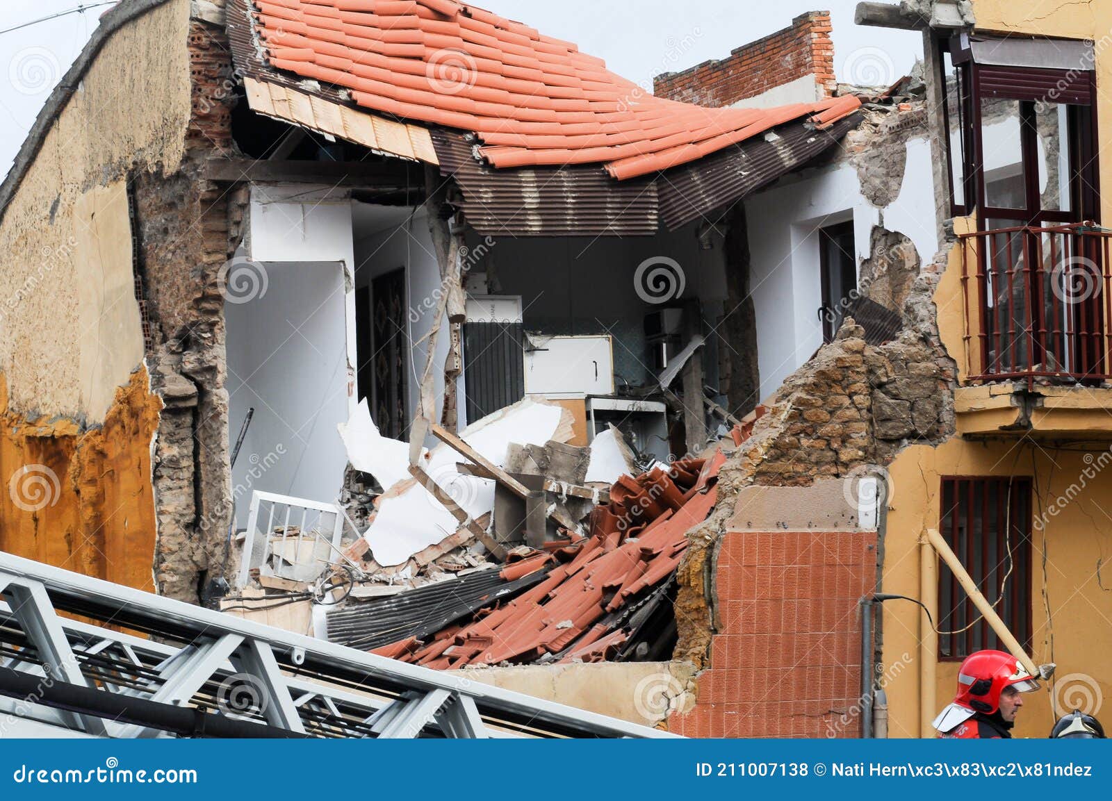 View Of A Collapsed Building With Dust And Rubble After An Explosion ...
