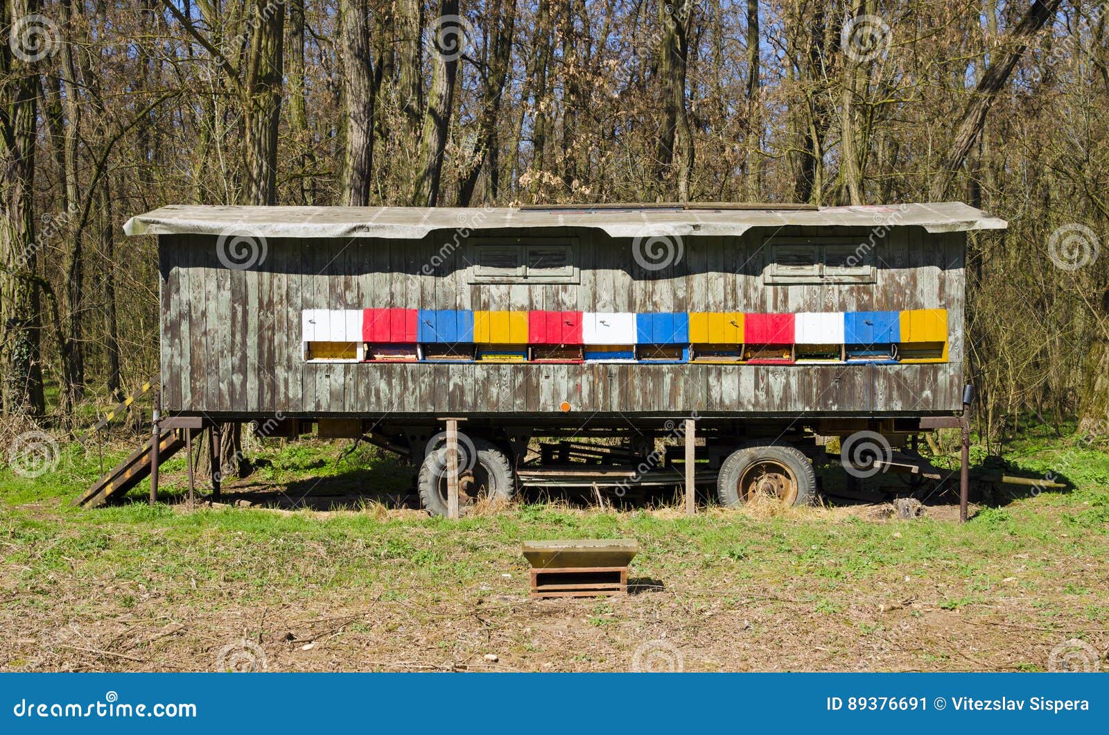A View of the Colorful Apiary with Wheels Bees Standing in a Meadow ...