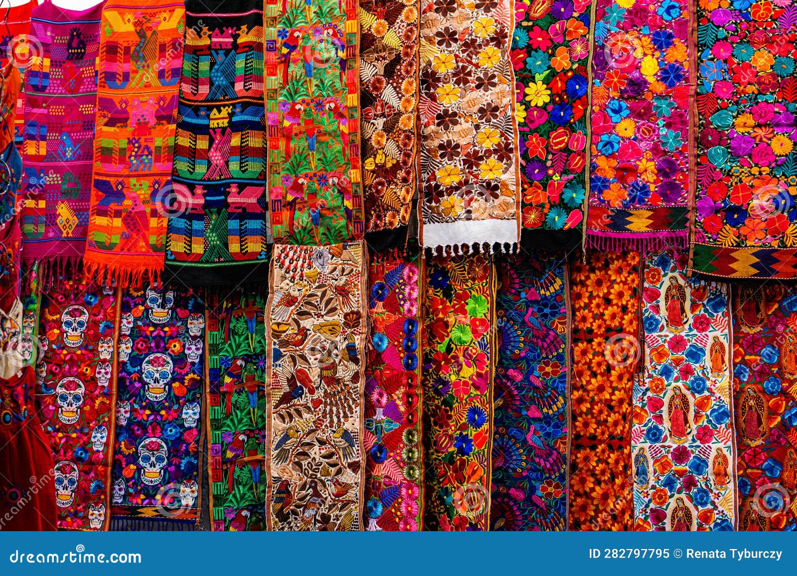 View of Colorful Indigenous Maya Fabric with Different Patterns on ...