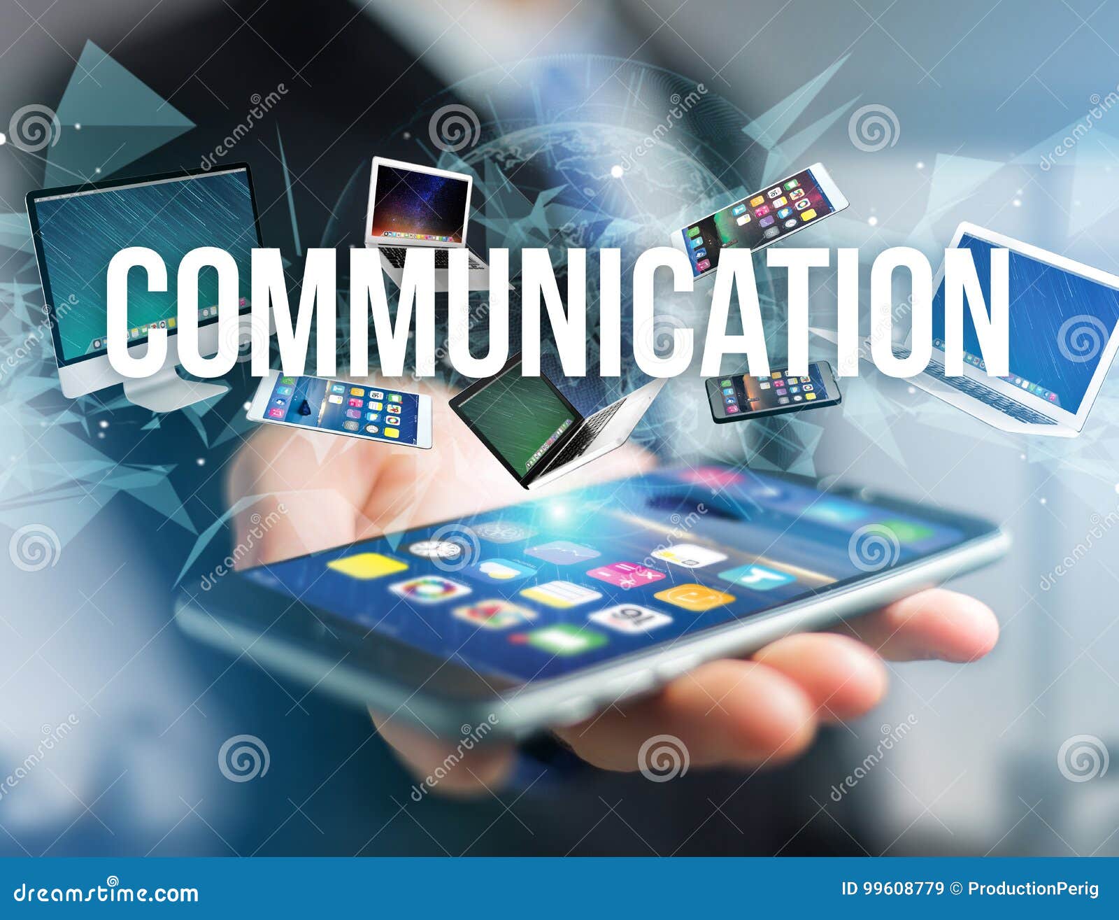 Communication Title Surounded by Device Like Smartphone, Tablet Stock ...