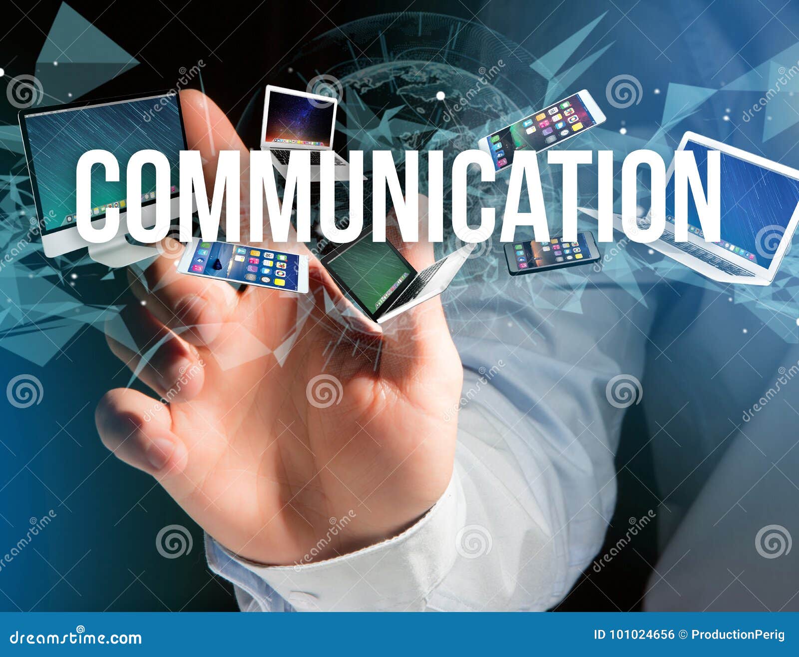 Communication Title Surounded by Device Like Smartphone, Tablet Stock ...