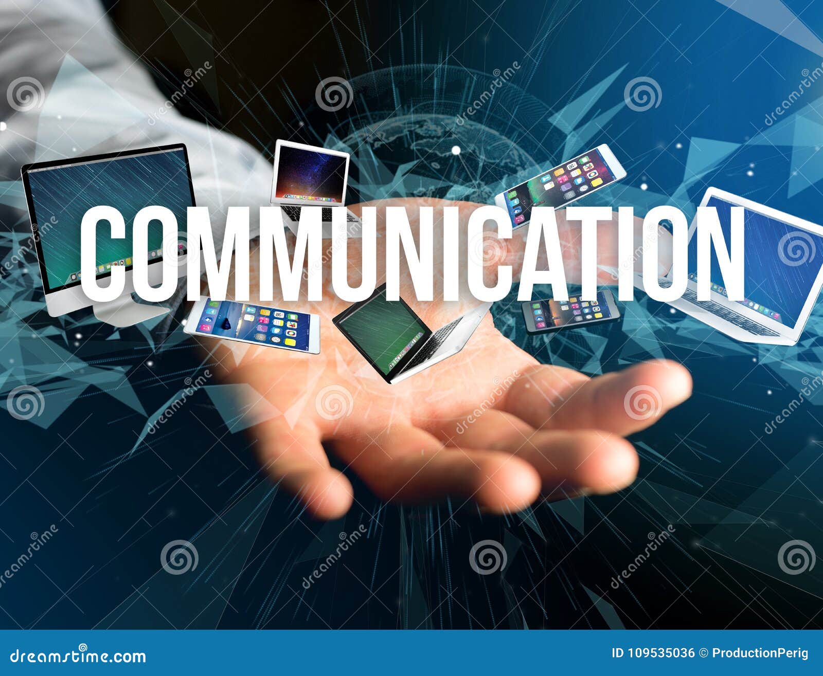 Communication Title Surounded by Device Like Smartphone, Tablet Stock ...