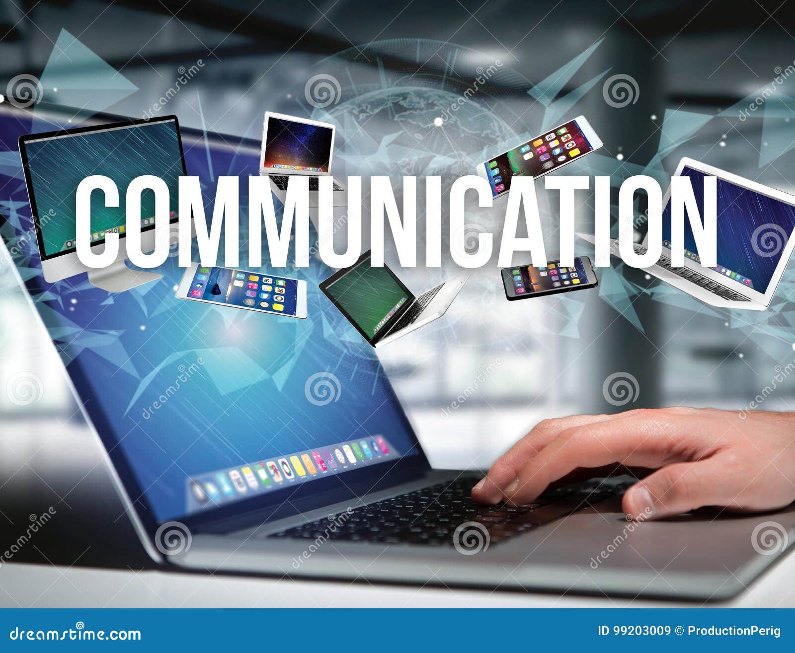 Communication Title Surounded by Device Like Smartphone, Tablet Stock ...