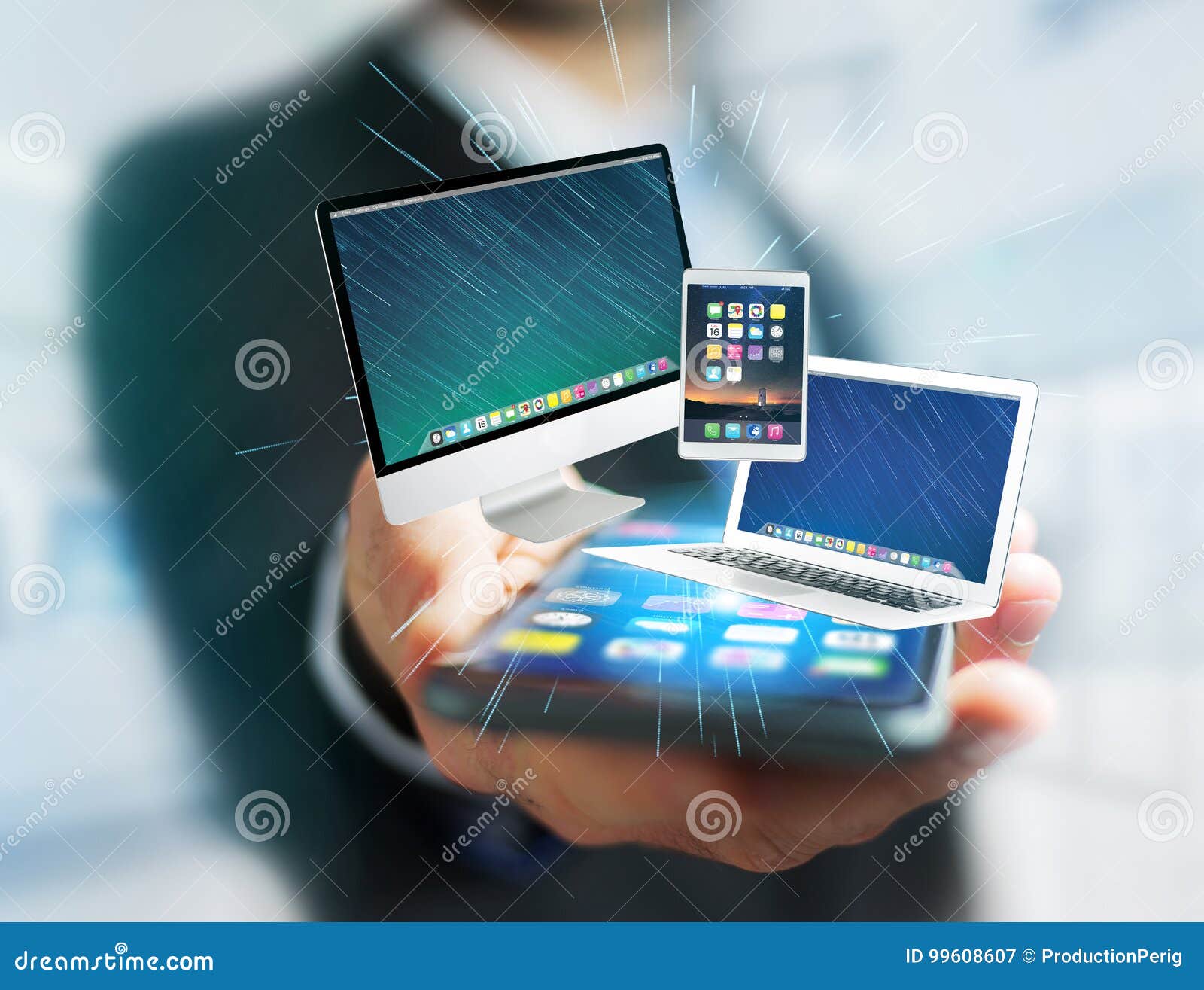 Computer and Devices Displayed on a Futuristic Interface with Bu Stock ...