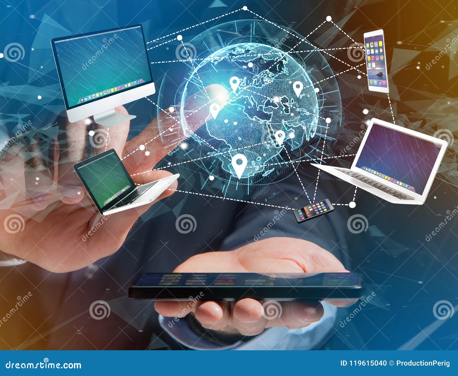 Computer and Devices Displayed on a Futuristic Interface with in Stock ...