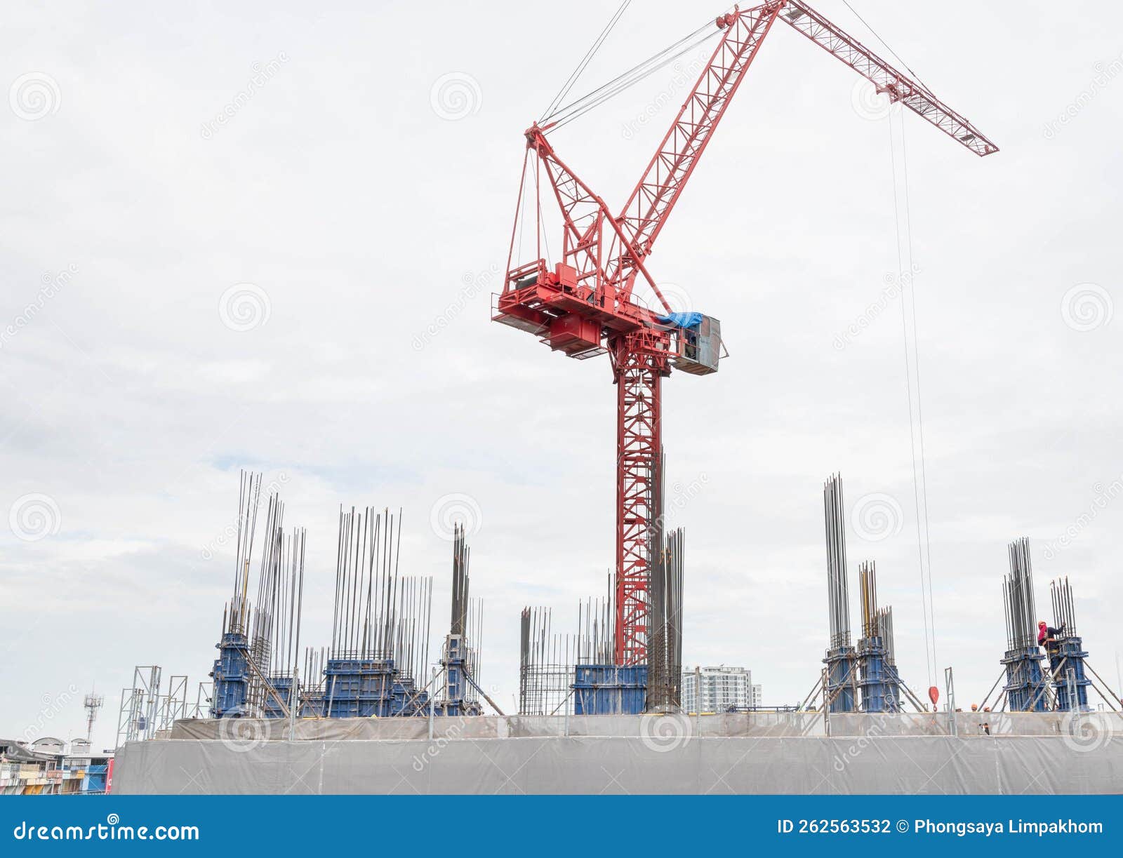 View of the Construction Site and Red Cranes for Building Modern ...