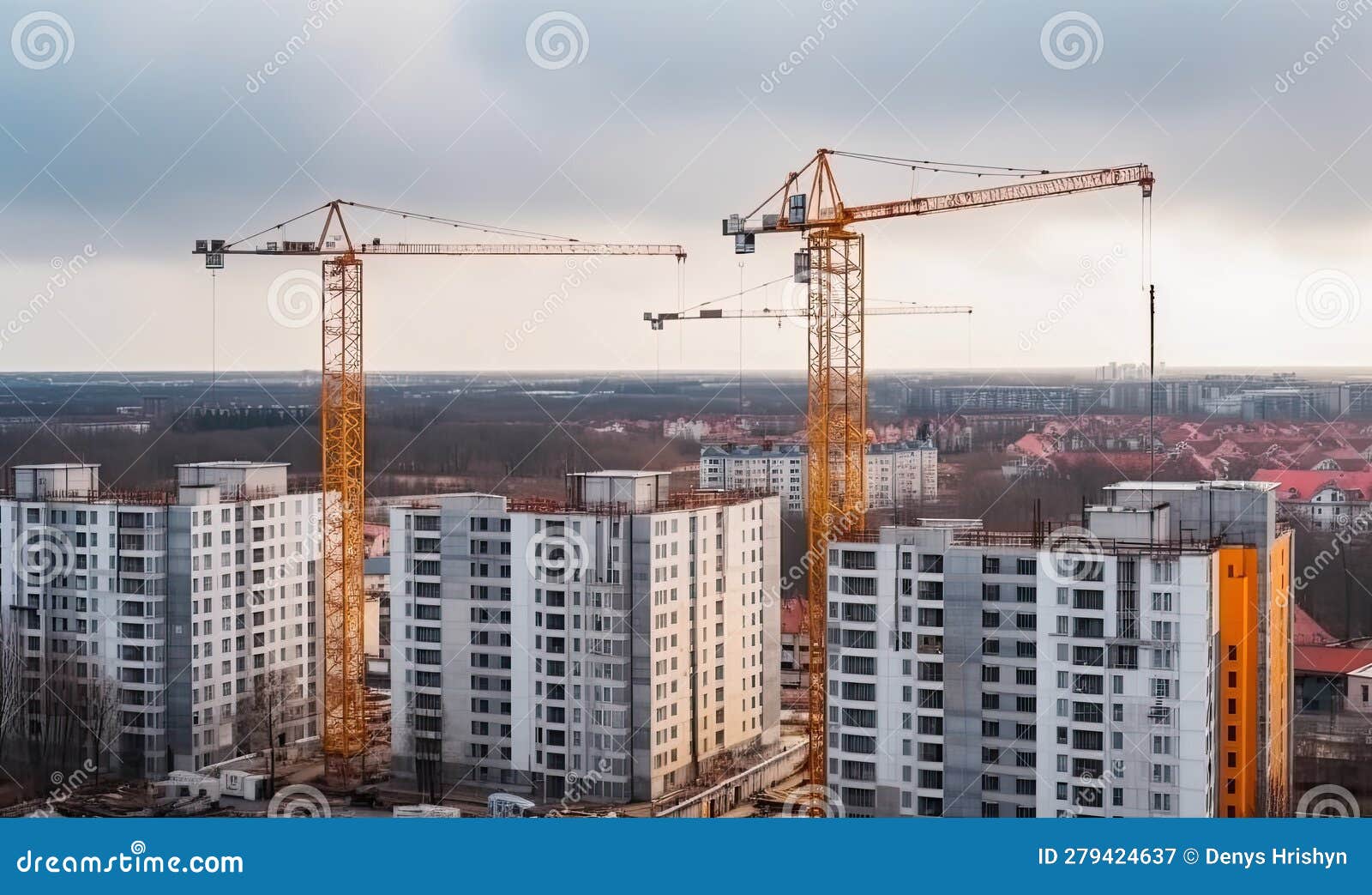 View of Construction Site with Tall Cranes and Unfinished Buildings ...