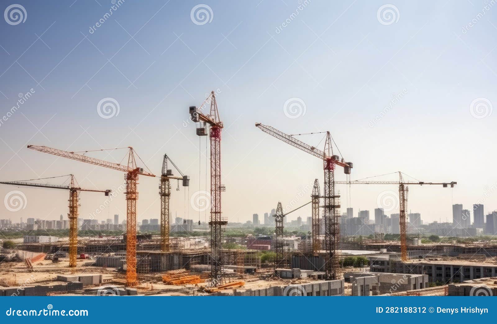 View of a Construction Site with Tall Cranes and Unfinished Buildings ...