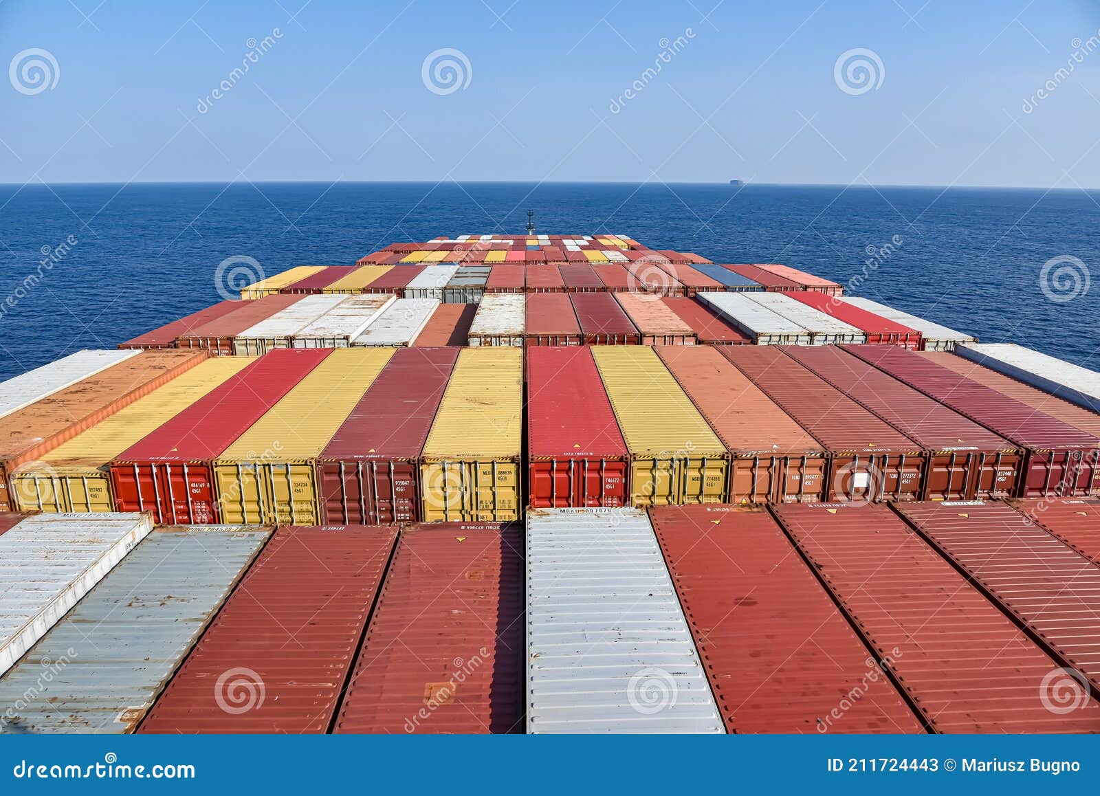 Container Ship Sailing through Calm Blue Ocean. Stock Image - Image of ...