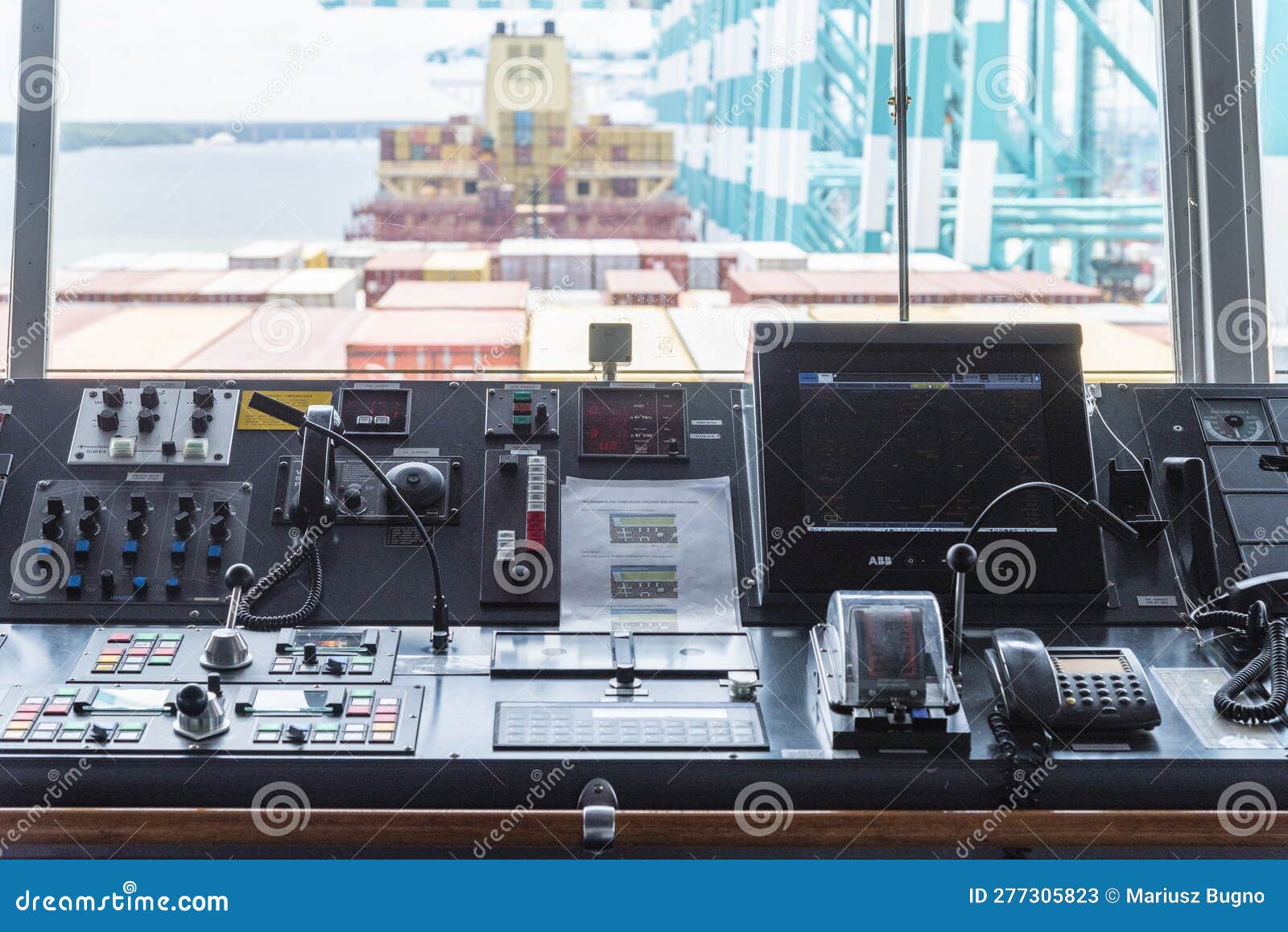 View on the Control Console of the Container Ship. Stock Image - Image of console, containers ...
