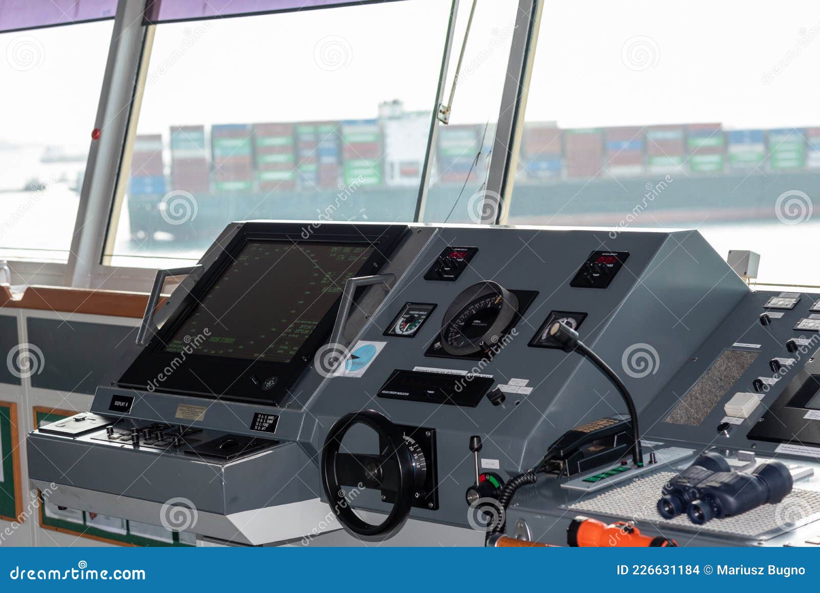 View of the Control Console on the Navigational Bridge of the Cargo ...