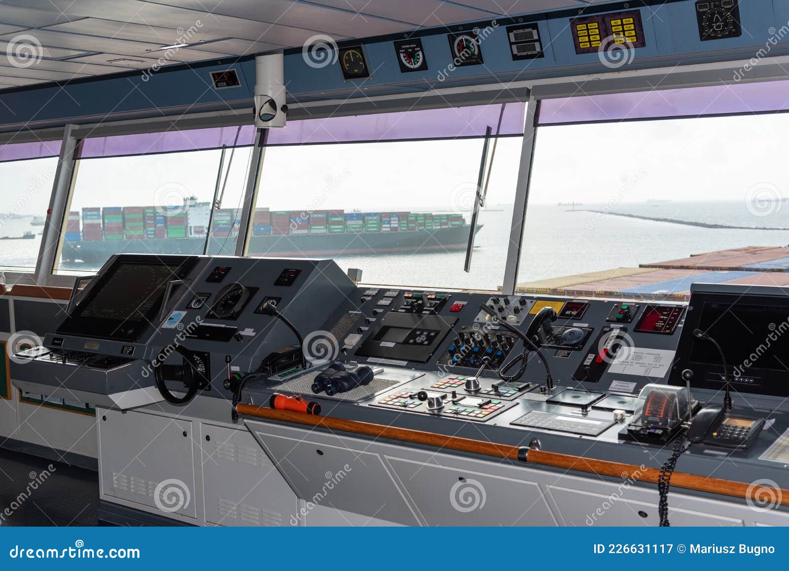 View of the Control Console on the Navigational Bridge of the Cargo ...