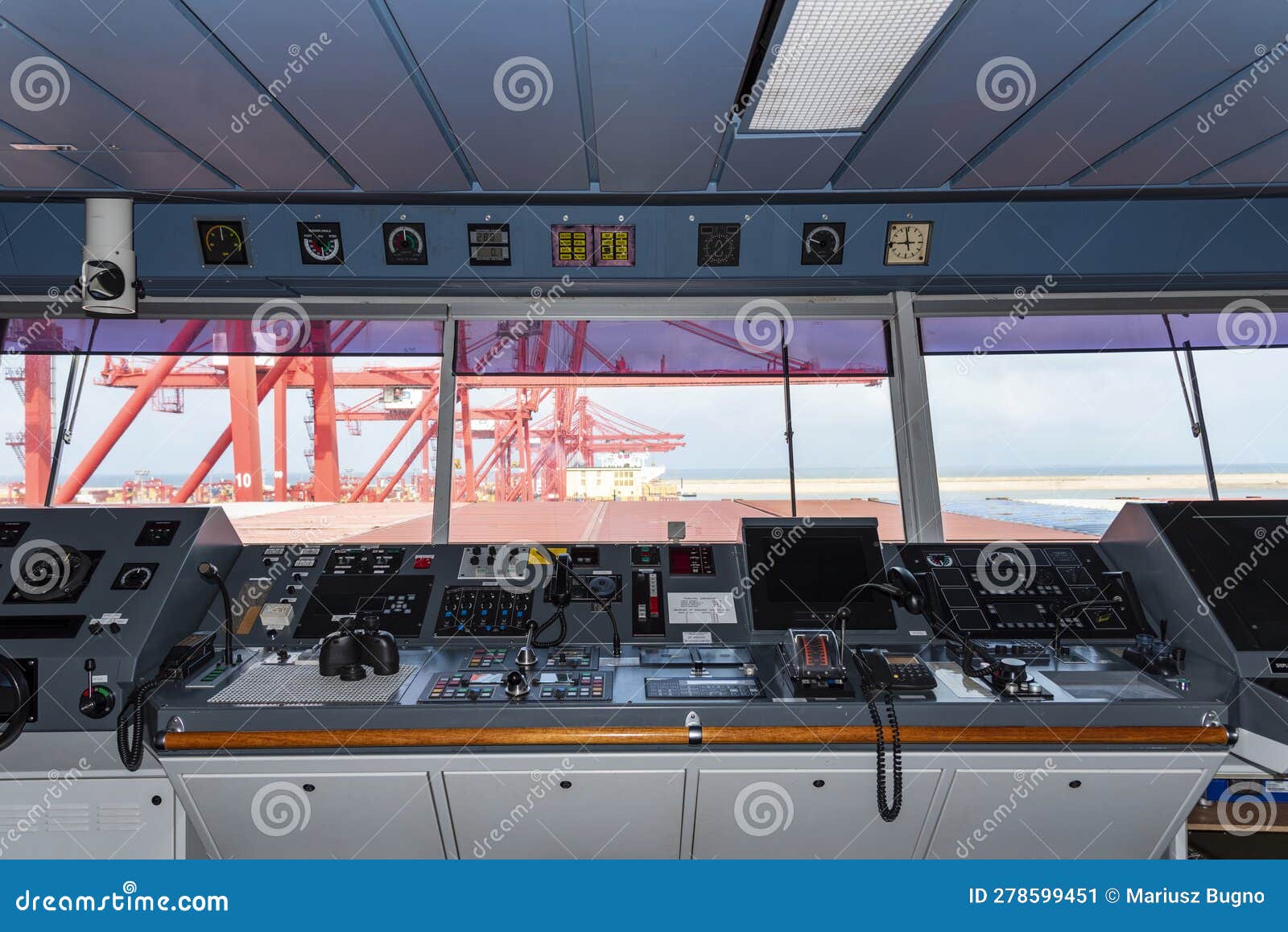 View of the Control Console on the Navigational Bridge of the Cargo ...