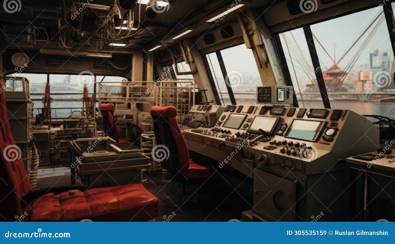 View of the Control Console on the Navigational Bridge of the Cargo ...