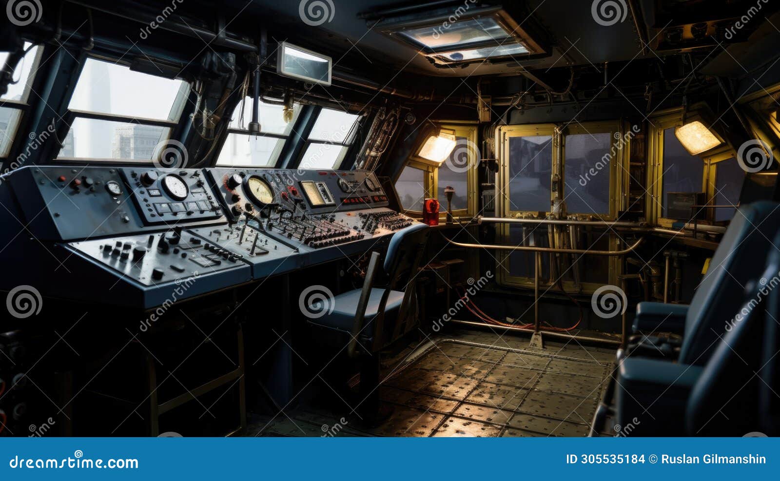 View of the Control Console on the Navigational Bridge of the Cargo ...