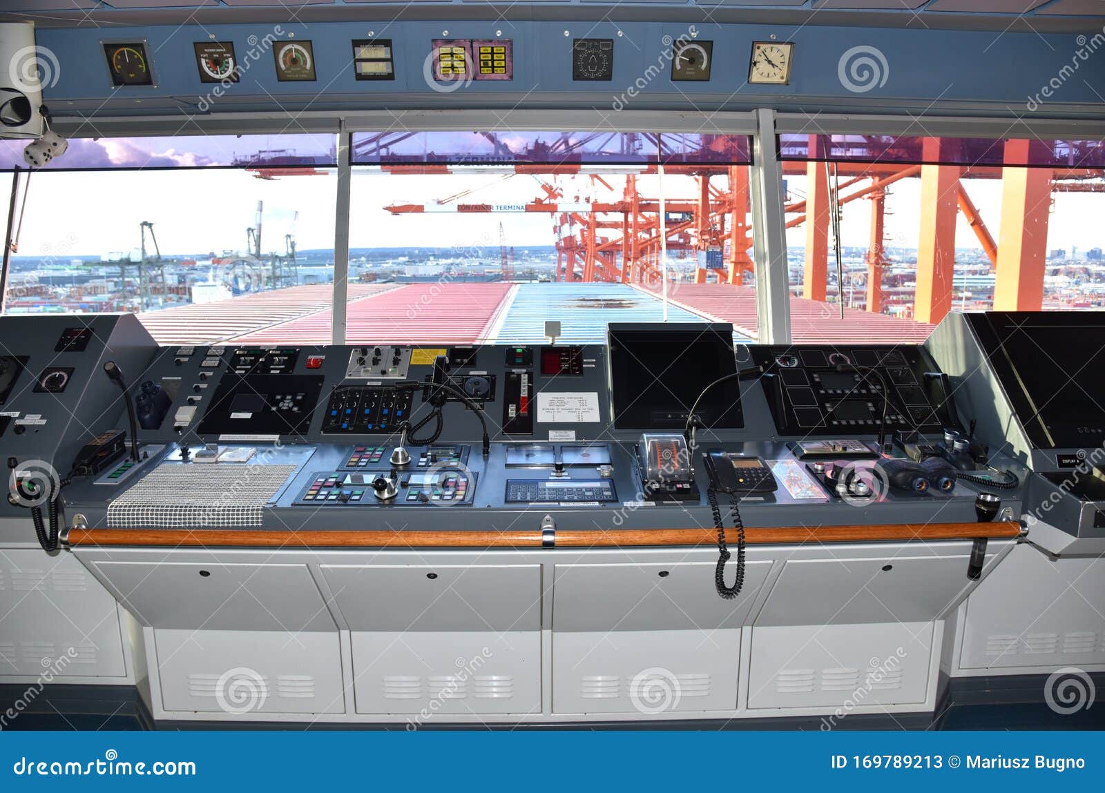 View of the Control Console on the Navigational Bridge of the Cargo ...