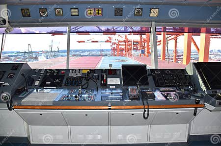 View of the Control Console on the Navigational Bridge of the Cargo ...
