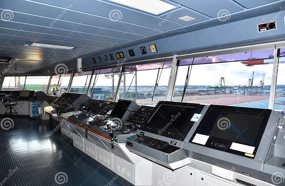 View of the Control Console on the Navigational Bridge of the Cargo ...