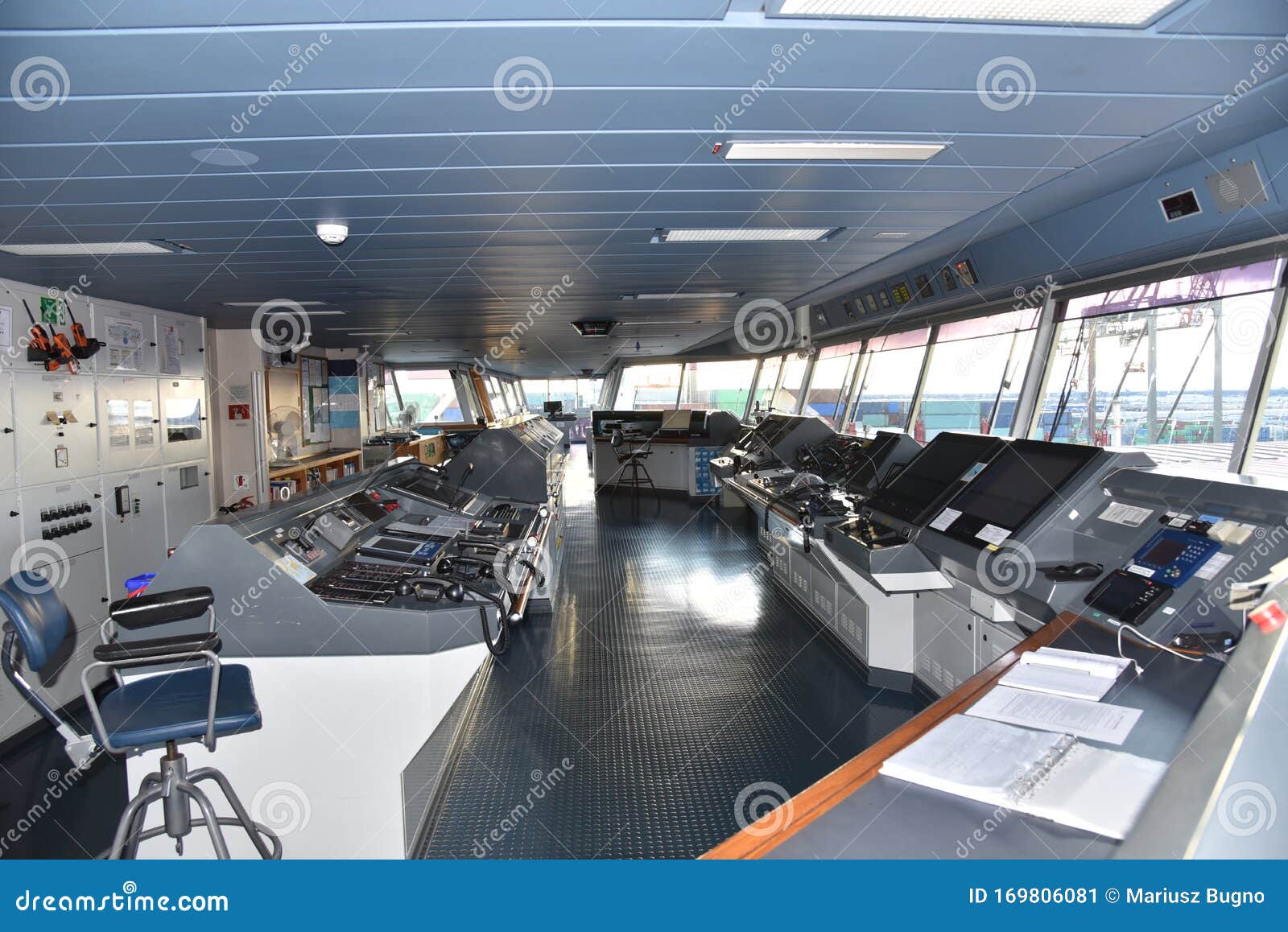 View of the Control Console on the Navigational Bridge of the Cargo ...