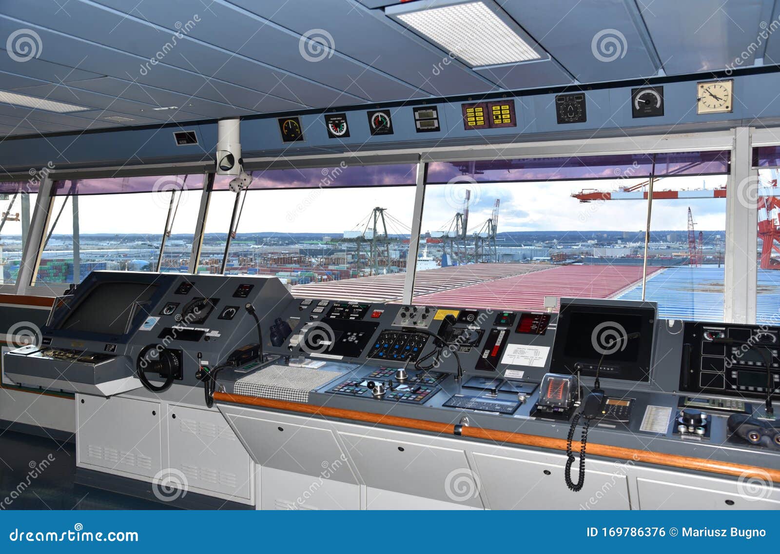 View of the Control Console on the Navigational Bridge of the Cargo ...