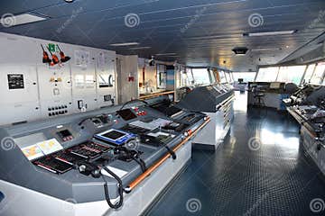 View of the Control Console on the Navigational Bridge of the Cargo ...