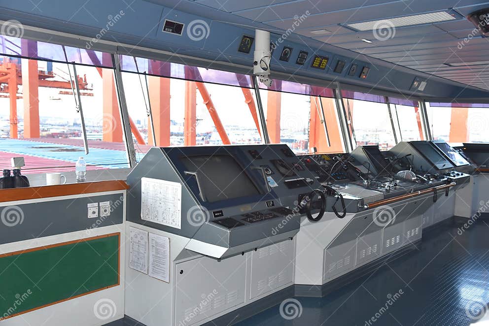View of the Control Console on the Navigational Bridge of the Cargo ...