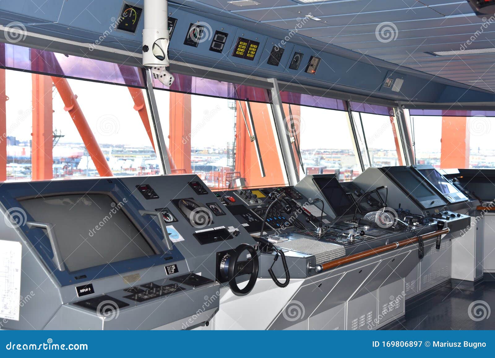 View of the Control Console on the Navigational Bridge of the Cargo ...
