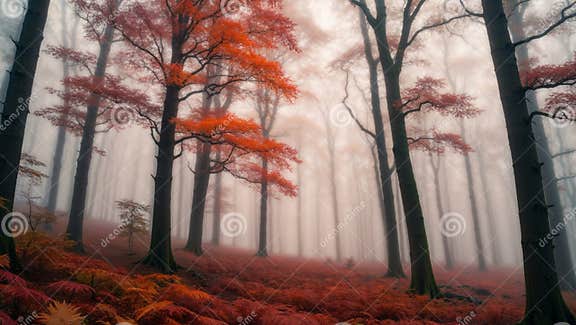 View of a Cool Forest Full of Mist in Autumn. Stock Image - Image of ...