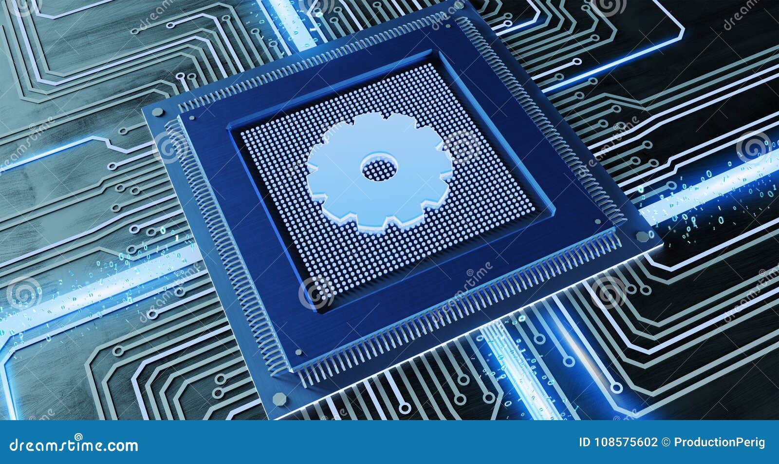 CPU Processor Chip with a Gear and Network Connection on a Circuit ...