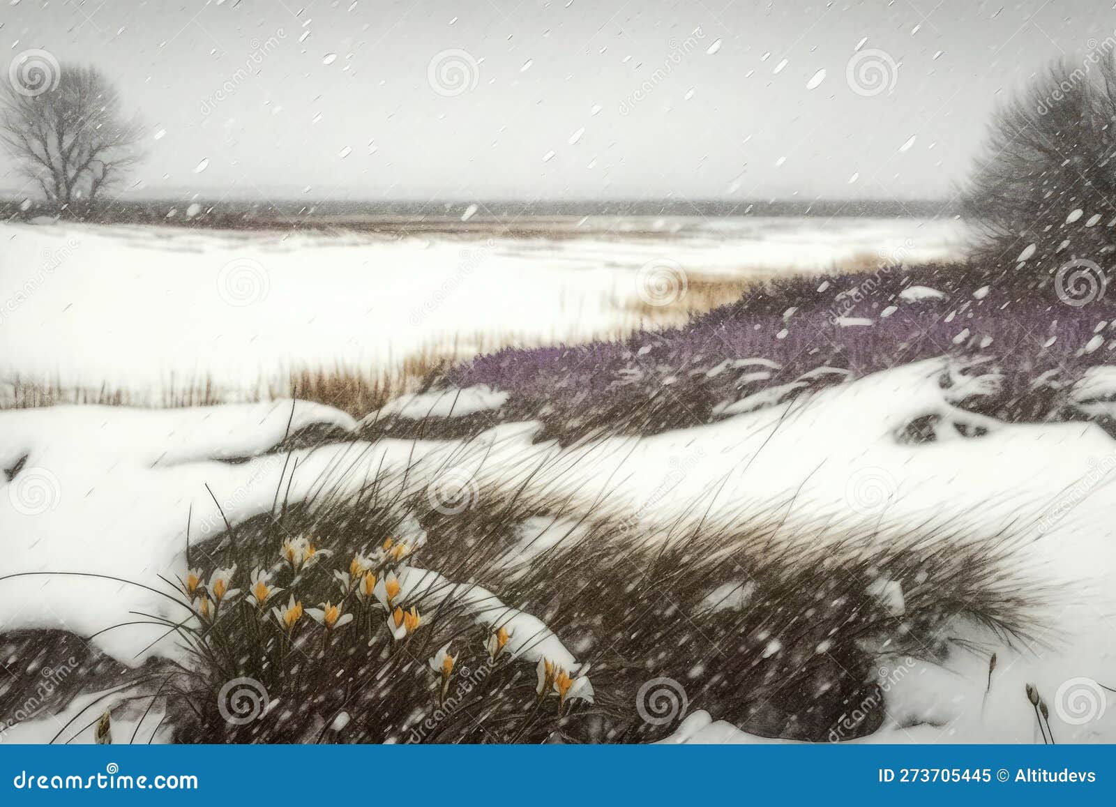 View of Crocus Field in the Midst of a Snowstorm Stock Image - Image of ...