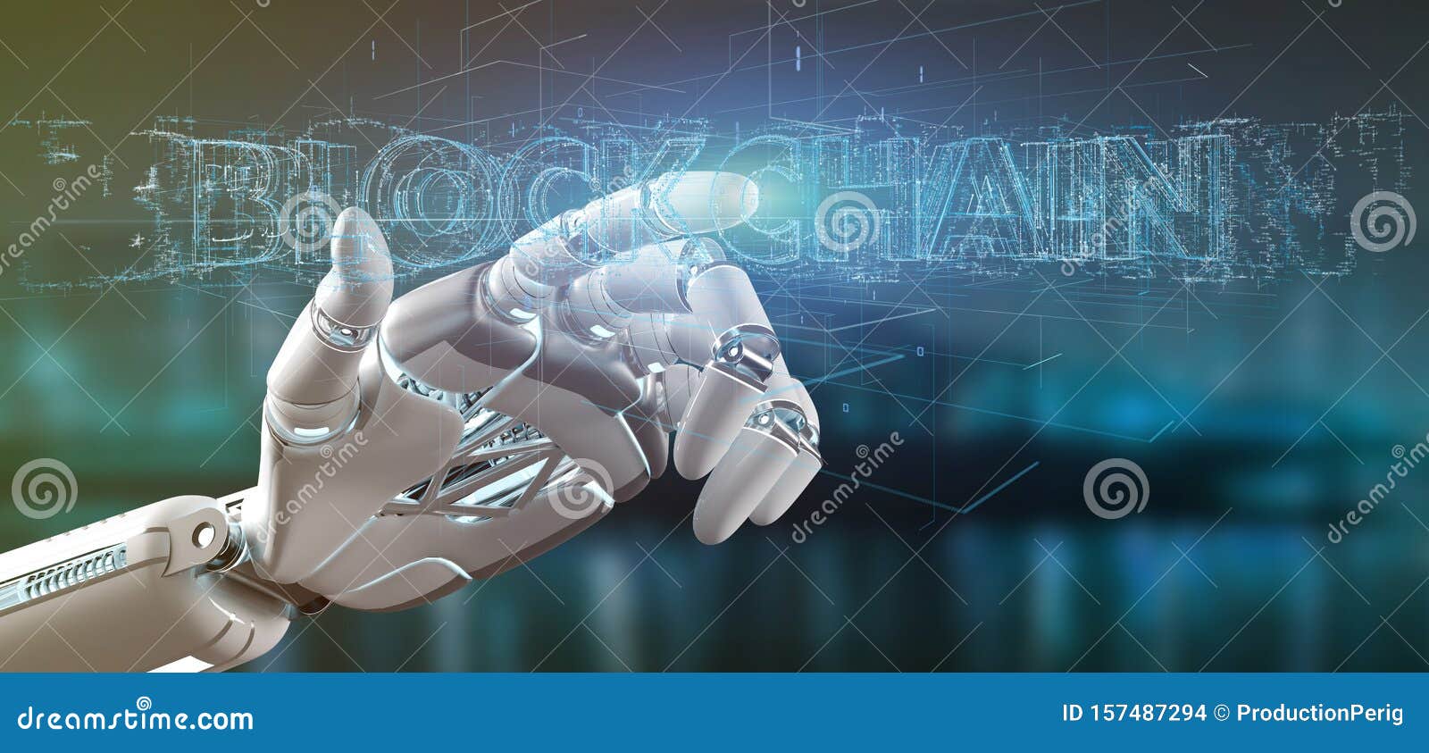 Cyborg Hand Holding a Blockchain Title 3d Rendering Stock Illustration ...