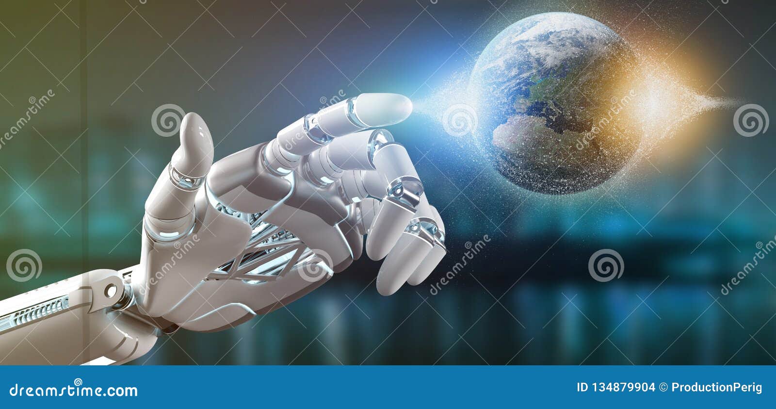 Cyborg Hand Holding a Earth Globle Particles 3d Rendering Stock Photo ...